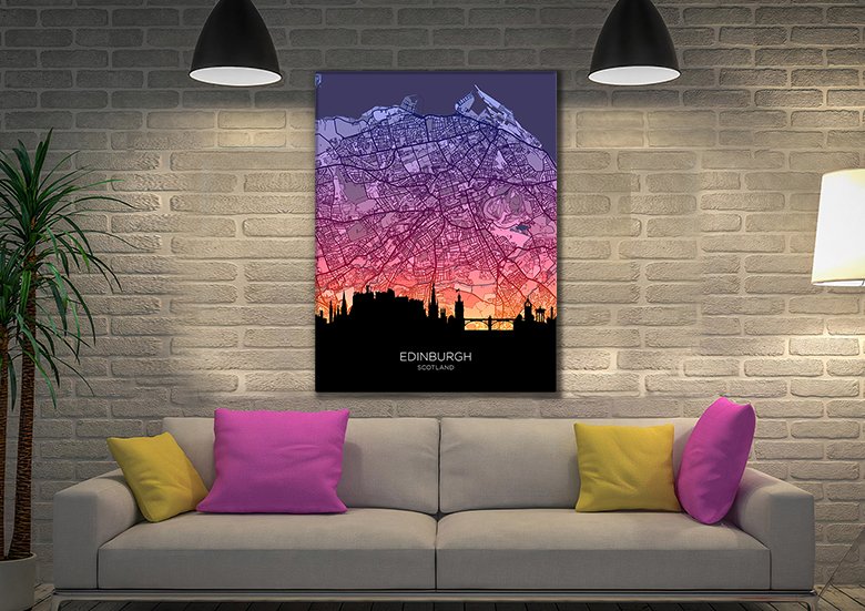 Edinburgh Skyline & Map Sunset Tones Print for Homes & Offices